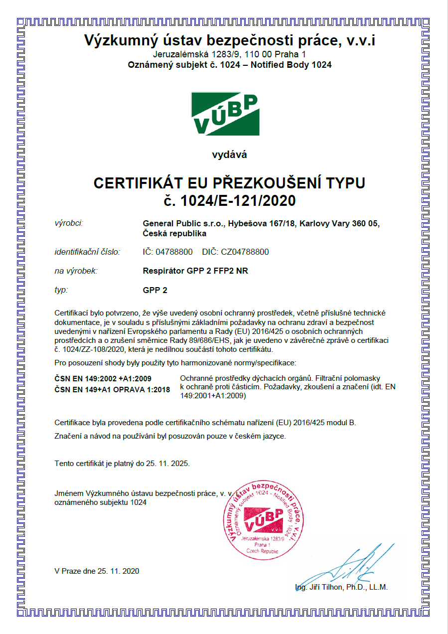 Certifikace - Respirátor GPP2 FFP2 NR (CE) - General Public e-shop